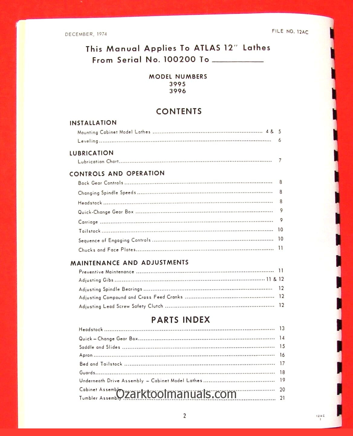 ATLAS/CRAFTSMAN 12" Pedestal Metal Lathe 3995 & 3996 Owner Parts Manual ...