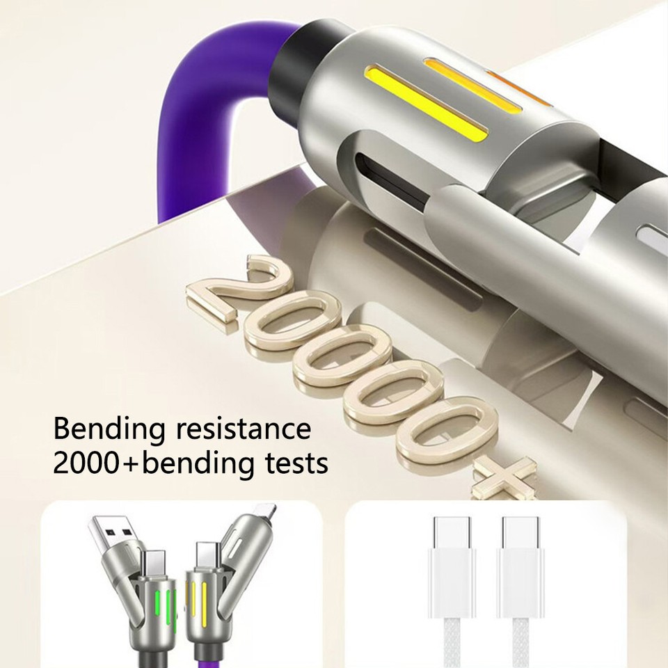 240W 4 in 1 USB C Cable Fast Charge Lead with LED Light For iPhone 15 ...