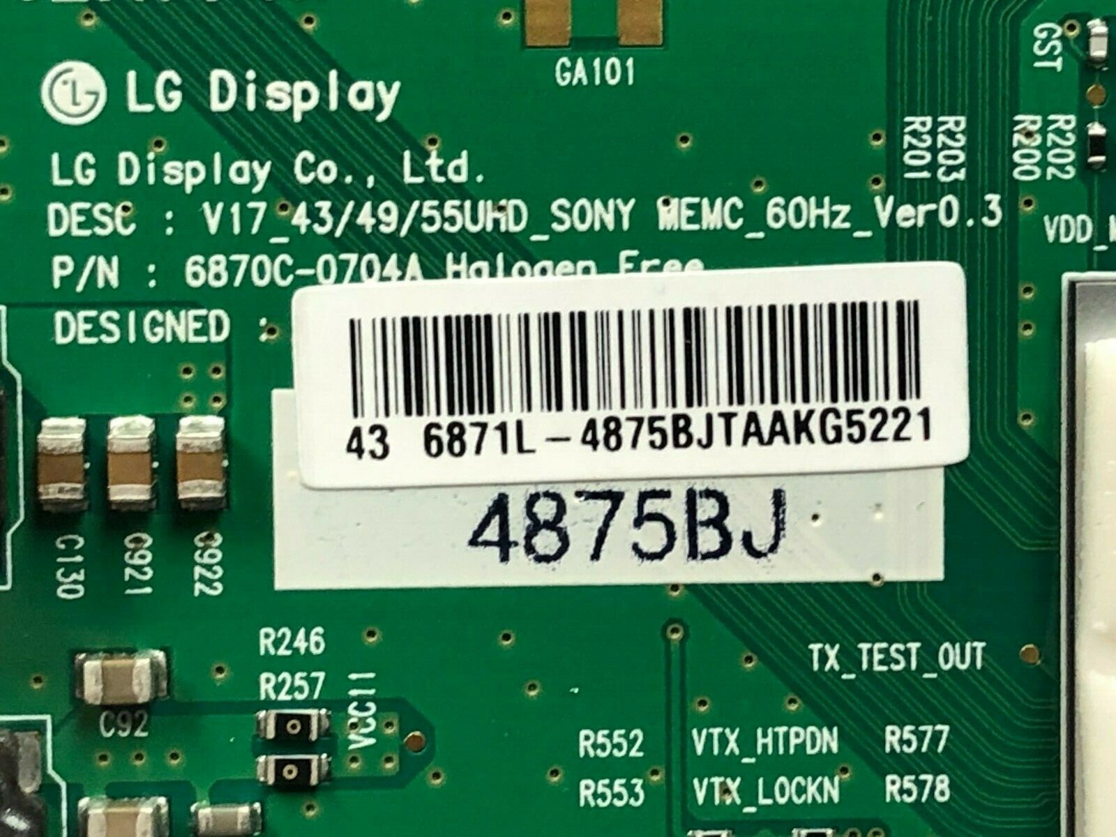Sony XBR-43X800E T-Con Board 1-897-052-11 / 6871L-4875B for sale online ...