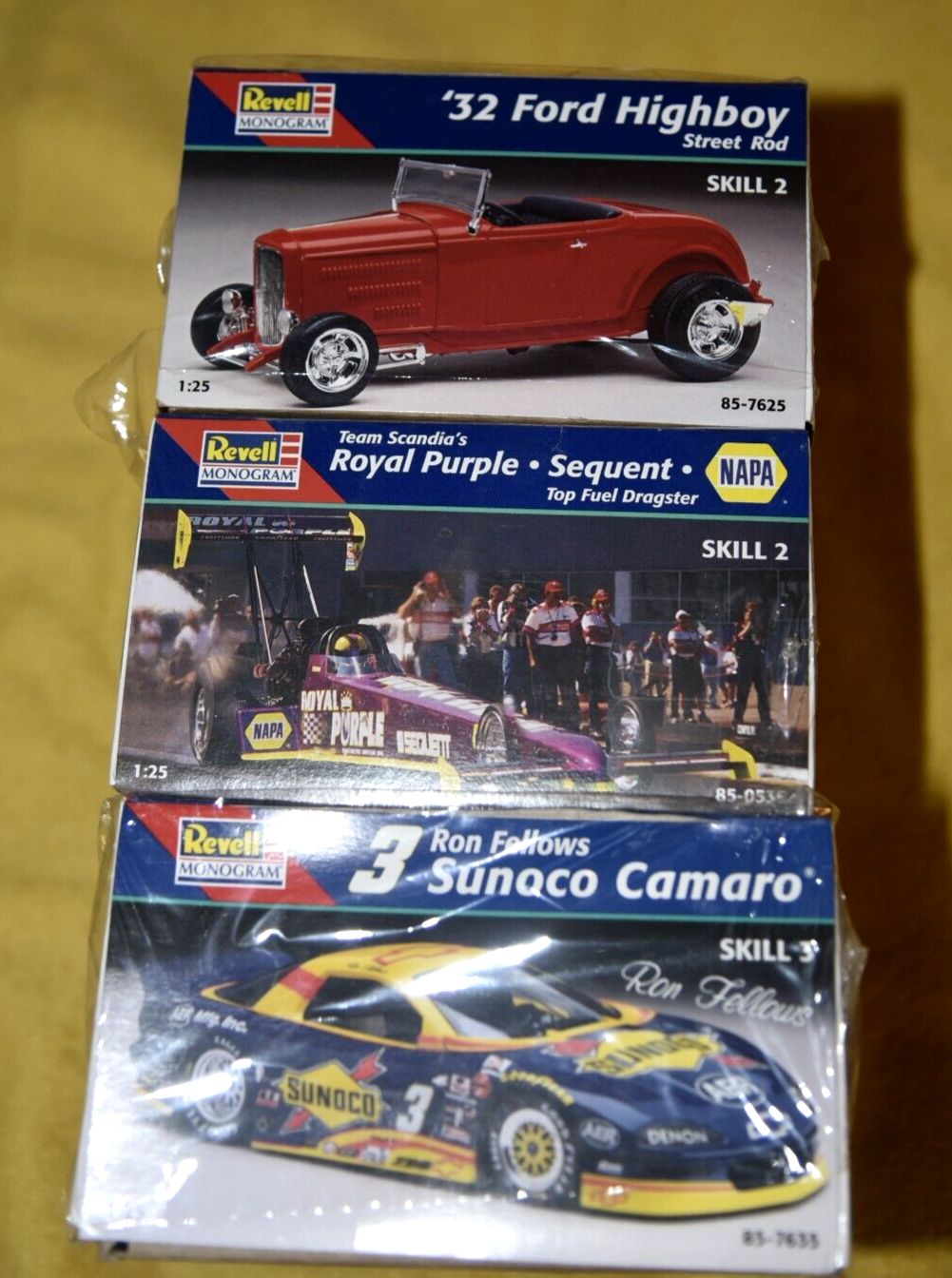 3 UNBUILT REVELL/MONOGRAM KITS. 32 HIGHBOY, NAPA TOP FUEL, 3 FELLOWS ...