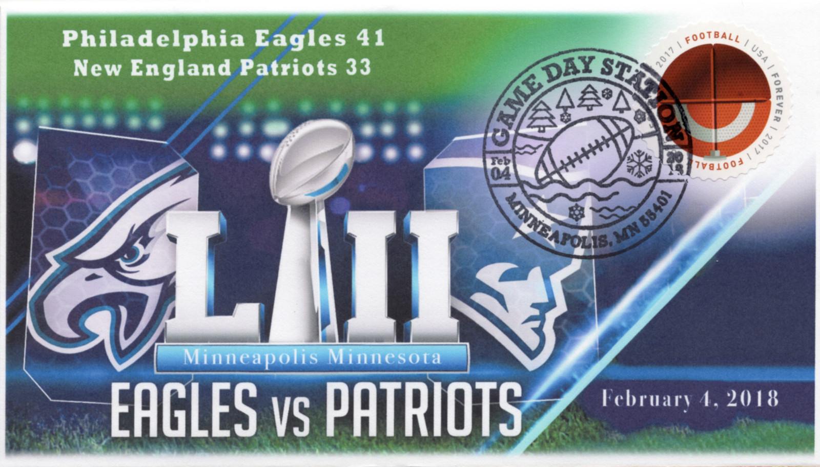 18-045, 2018, Game Day, LII, Eagles, Patriots, Pictorial Postmark ...