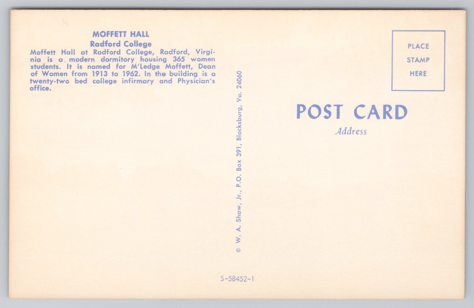 Moffett Hall Radford College Virginia Dormitory Women Students Postcard ...