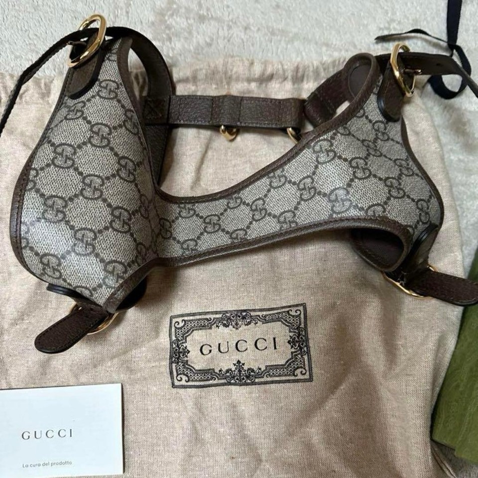 Gucci Dog Harness GG Pattern Beige Canvas Leather Luxury Pet Accessory ...