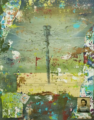 Original Art Dragonfly Painting Mixed Media Insect Collage Canvas Bug ...