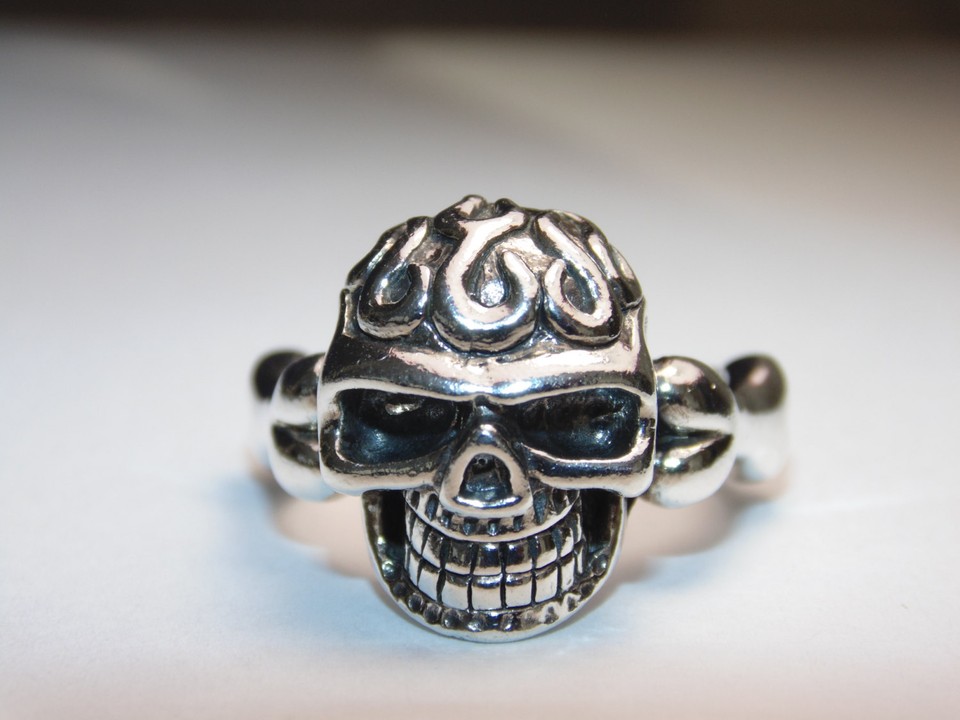 Sterling Silver Mens Punk Rocker Biker Skull Bones Flame Ring Size 9 10 ...