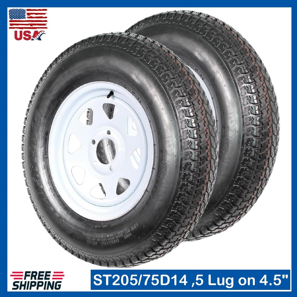 2 Pack ST205/75D14 Trailer Tire Rim ,5 Lug on 4.5" White Wheel Load ...