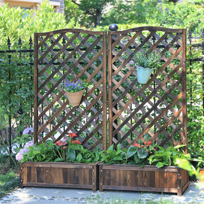 Rustic Wooden Raised Garden Bed Vegetable Planter Grid Box w/ Climbing ...