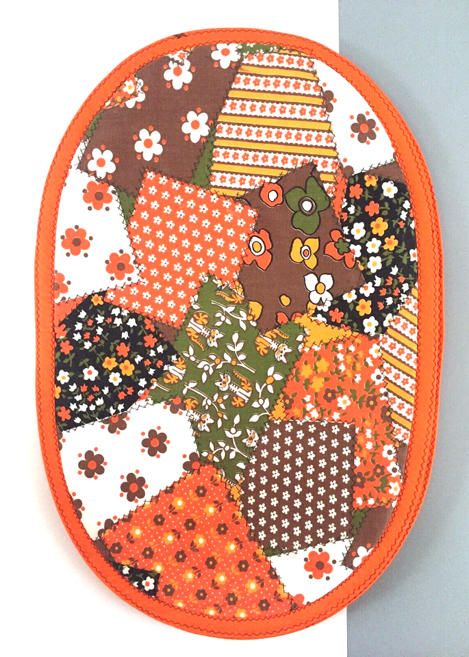 VTG HANDMADE CLOTH *Orange Patchwork Fabric* SET of 4 PLACEMATS & 2 ...