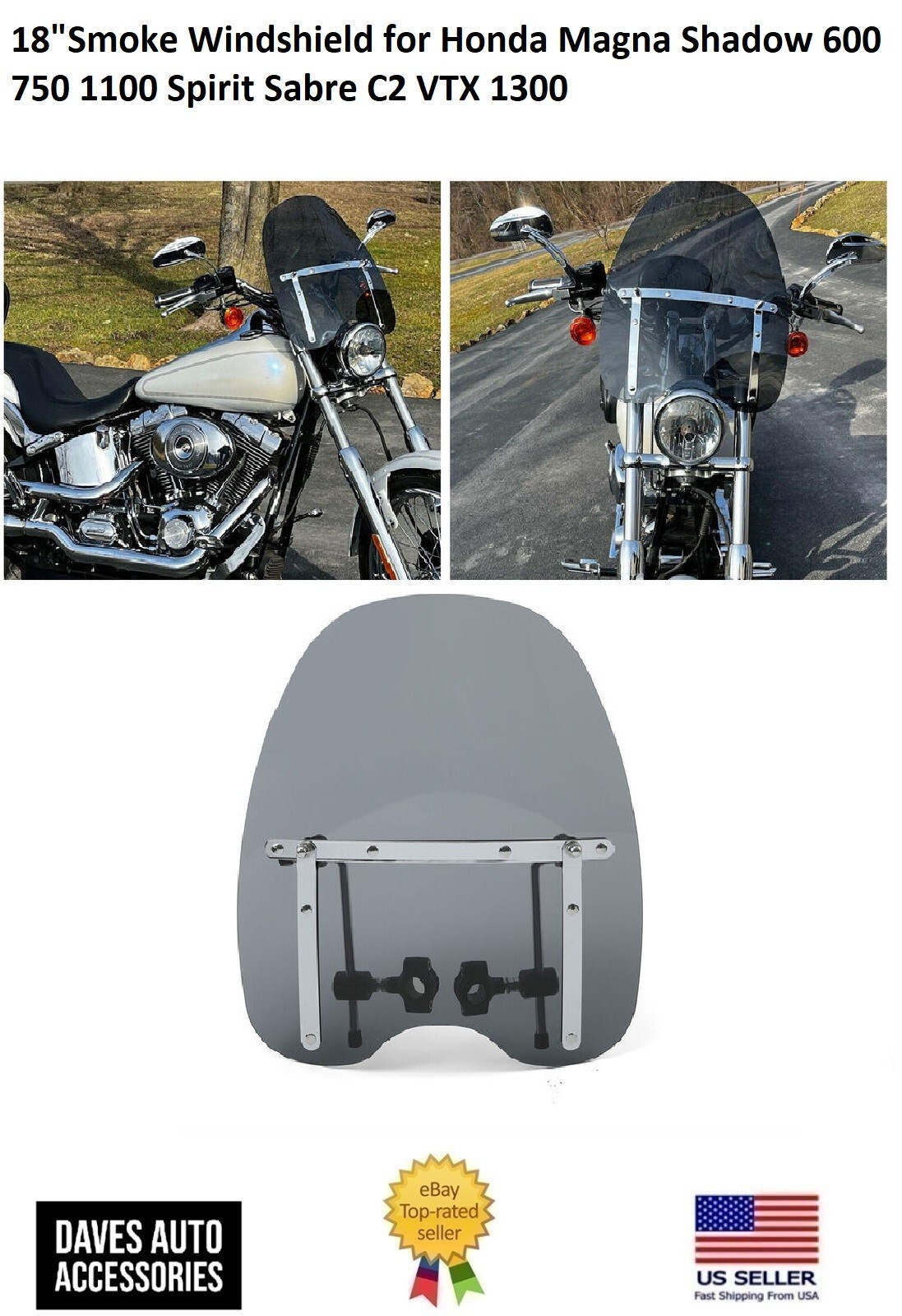 18"Smoke Windshield for Honda Magna Shadow 600 750 1100 Spirit Sabre C2 ...