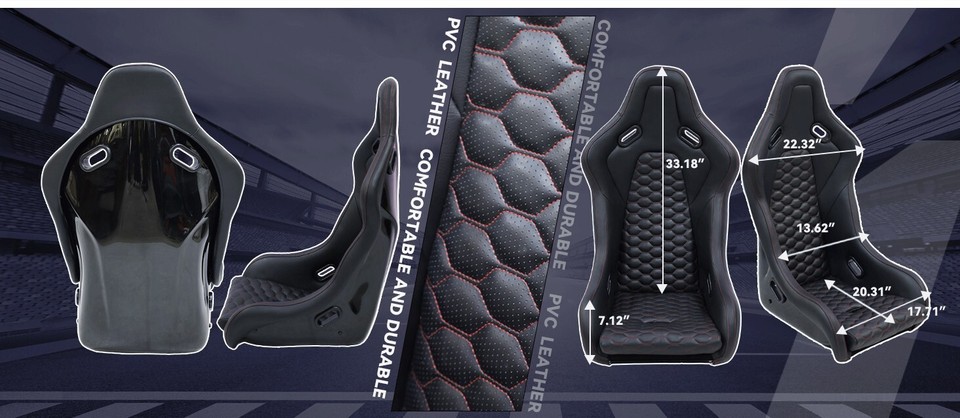 1PC Universal Fiberglass Back Racing Seats, Black Leather Fixed Bucket ...