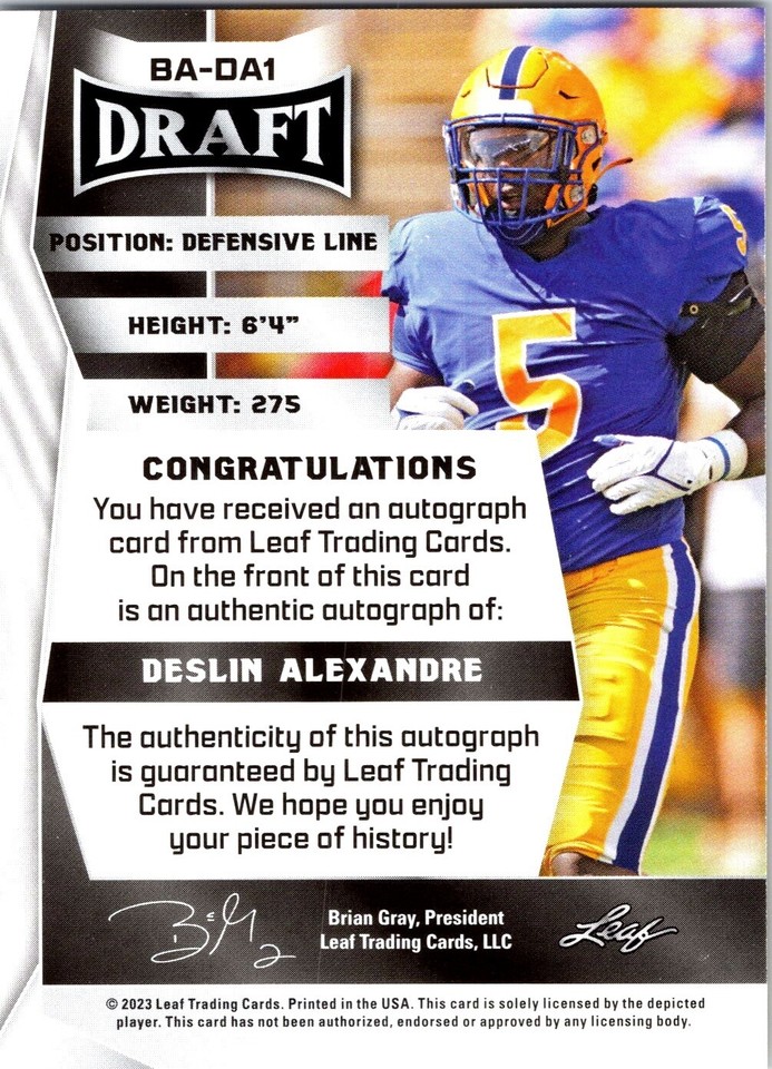 Deslin Alexander 2023 Leaf Draft Rookie RC Yellow AUTO #BA-DA1 J112 | eBay