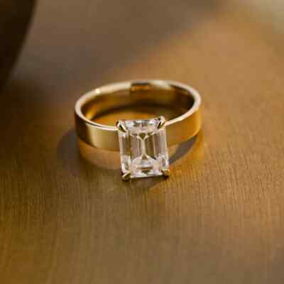 Broad Band Solitaire Sterling Silver 2 CT Moissanite Emerald Cut Women ...