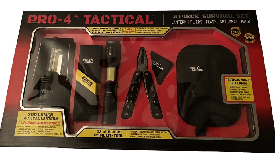 PRO 4 Tactical 4 PIECE SURVIVAL SET Lantern/Pliers/Flashlight/Gear Pack ...