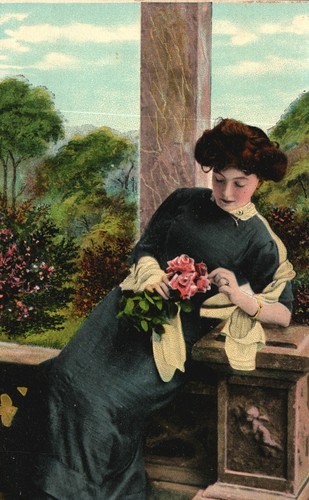 Vintage Postcard 1908 Beautiful Lady On Terrace Hand Picked Flower In ...