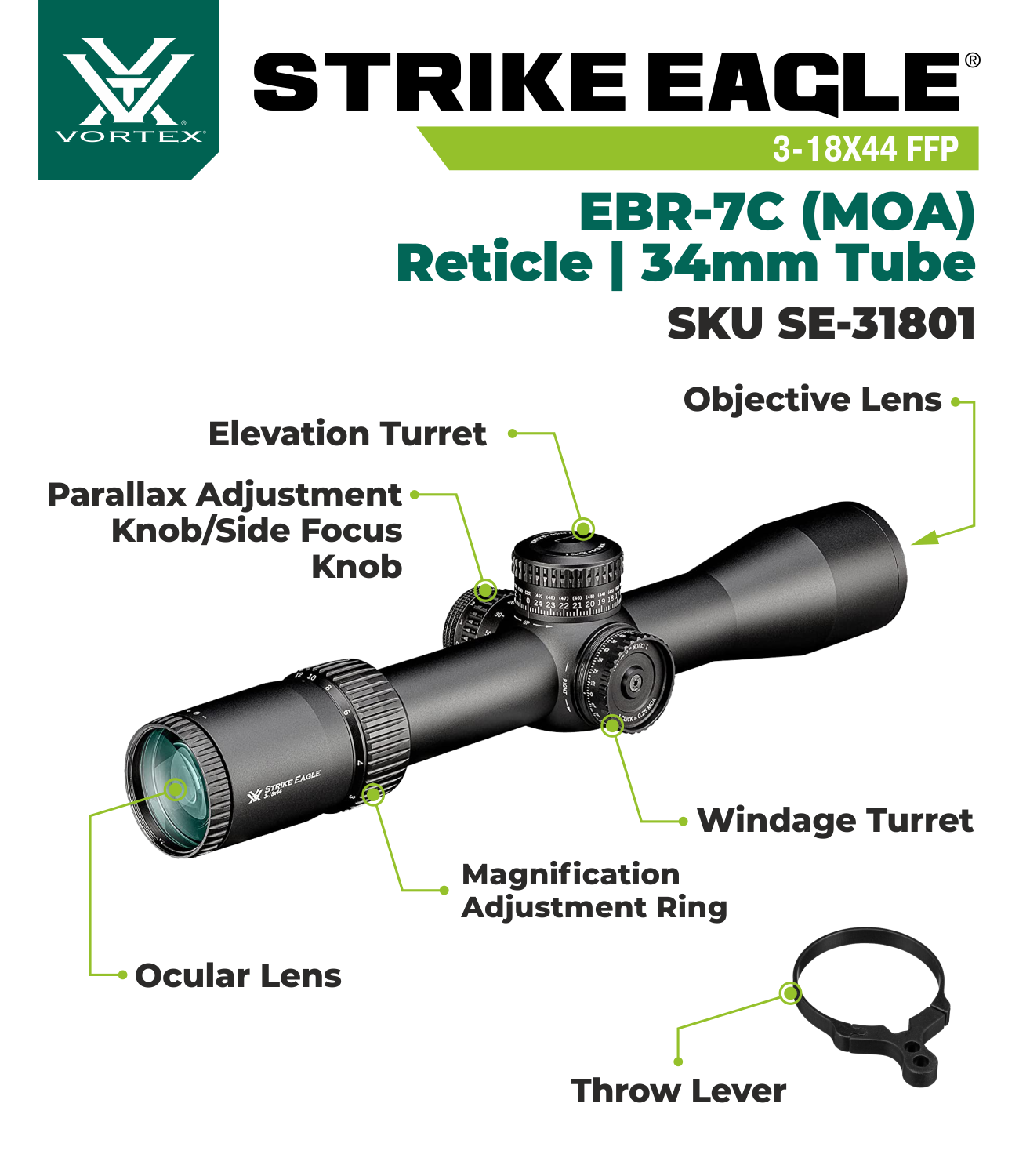 Vortex Optics Strike Eagle 3-18x44 FFP EBR-7C MOA 34mm Tube Riflescope ...