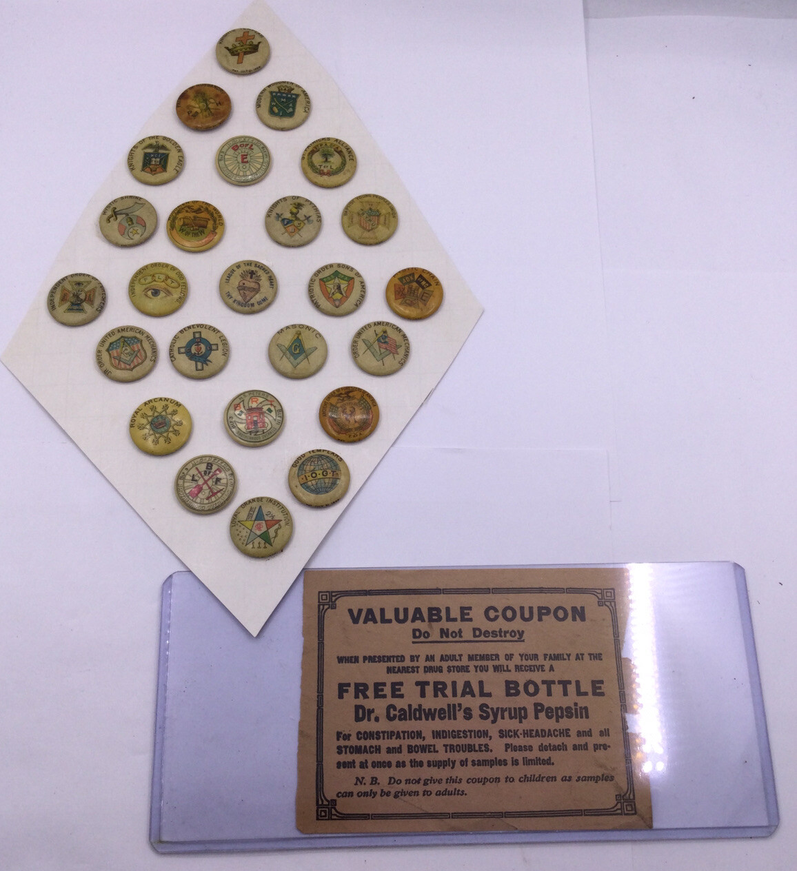 PEPSIN GUM CO. FRATERNITY PIN BACKS - 25 PC - MASON - F.L.T. - SHRINER ...