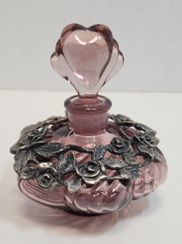 Vintage Ganz Perfume Bottle Pewter Roses Flowers Purple Glass Art | eBay