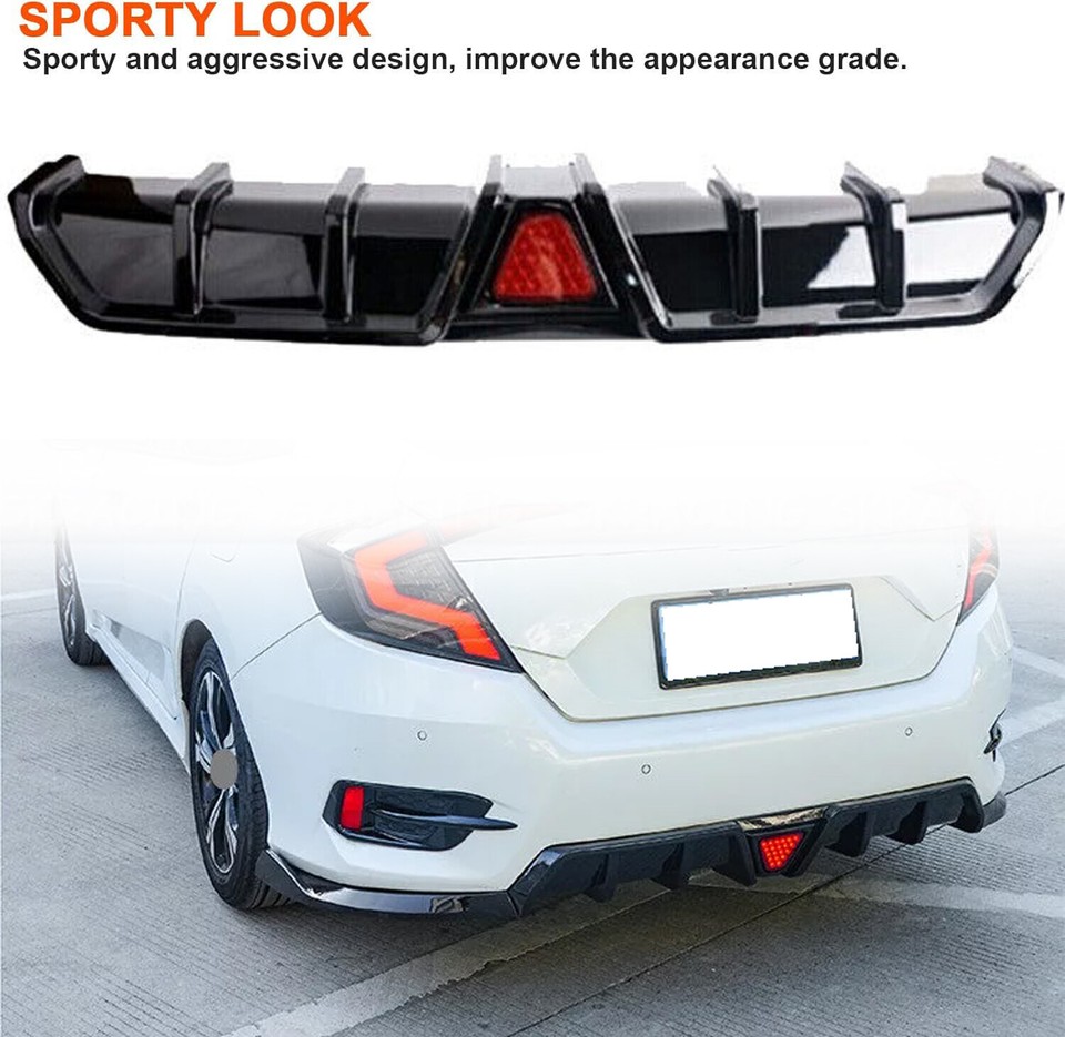 For 2016-2022 Honda Civic 4Dr Sedan Glossy Black Rear Bumper Diffuser ...