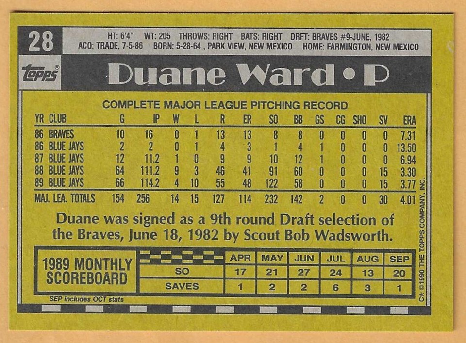 DUANE WARD TORONTO BLUE JAYS #28 - TOPPS NM-MT 1990 | eBay