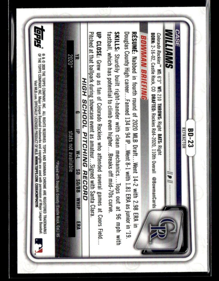 Case Williams - 2020 Bowman Draft 1st Chrome Refractor #BD-23 Colorado ...