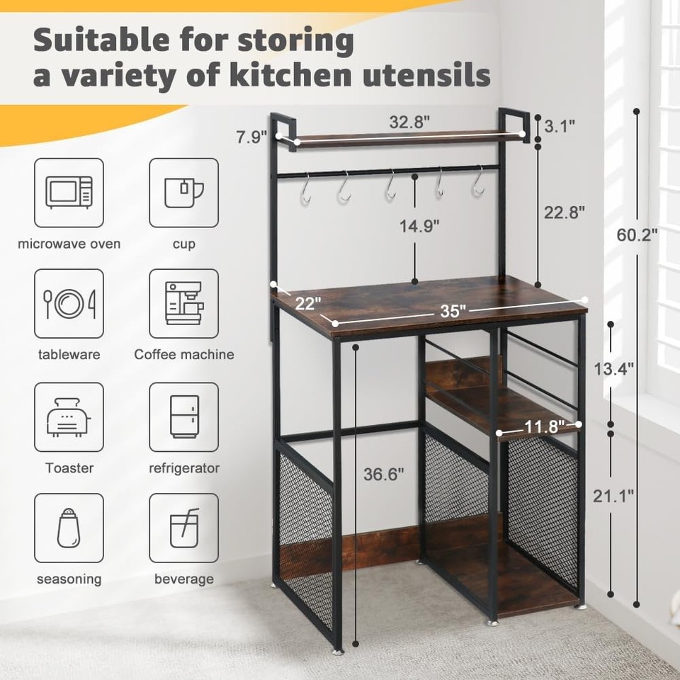 Mini Fridge Cabinet Microwave Stand with Shelf Storage, 4 Tiers Kitchen ...