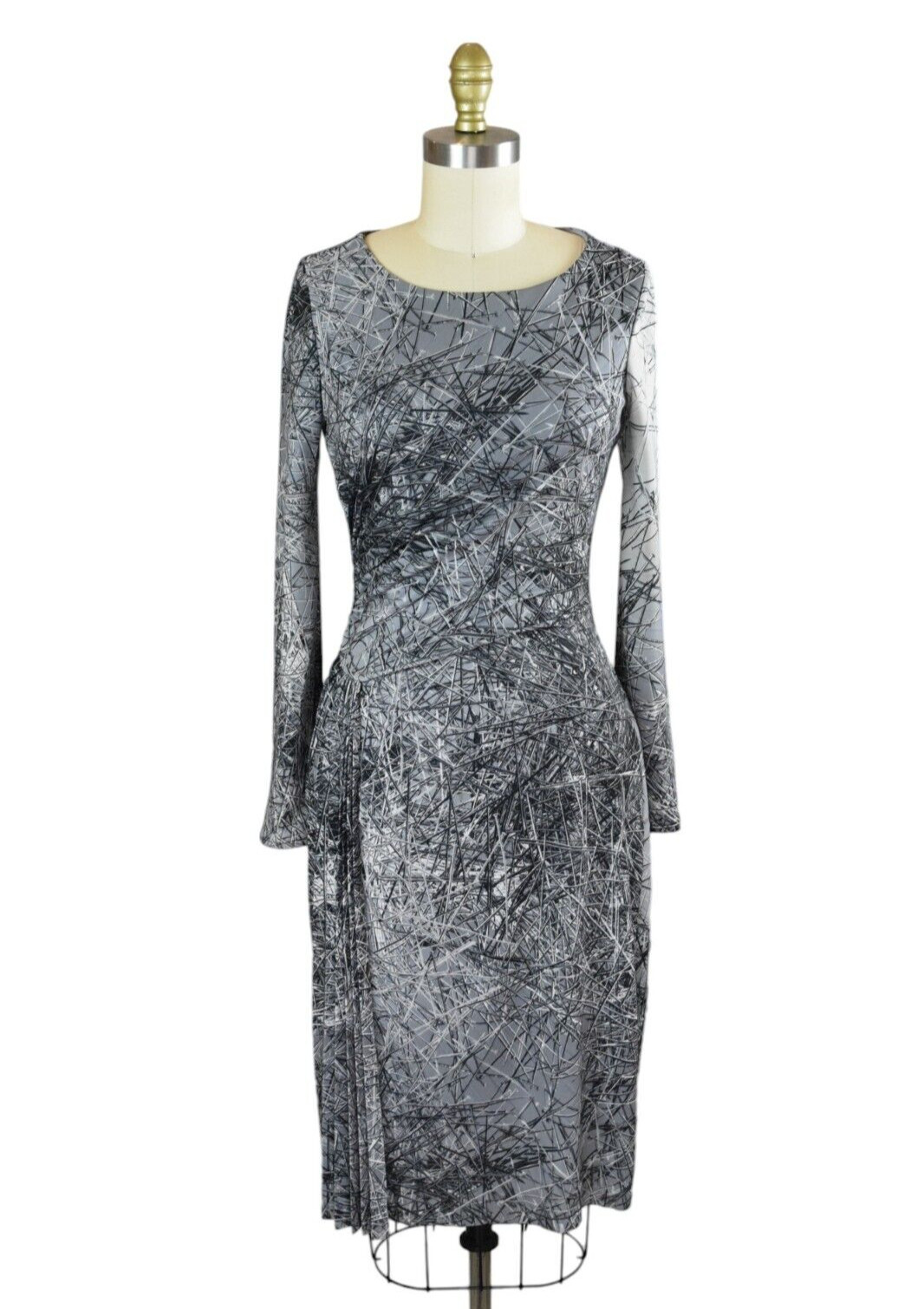 HALSTON HERITAGE Stretch Gray Abstract Print Long Sle… - Gem