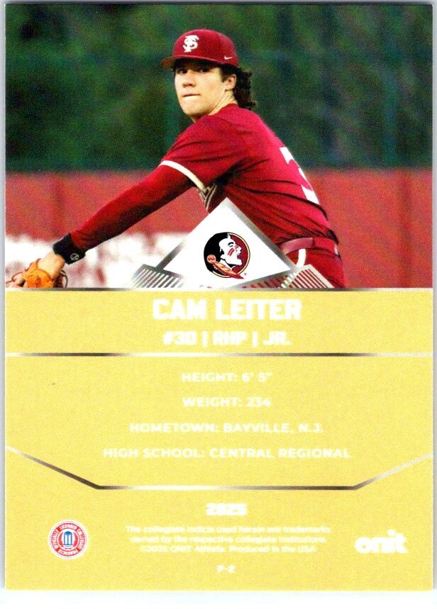 2025 Onit Athlete Florida State Seminoles Baseball Cam Leiter Color ...