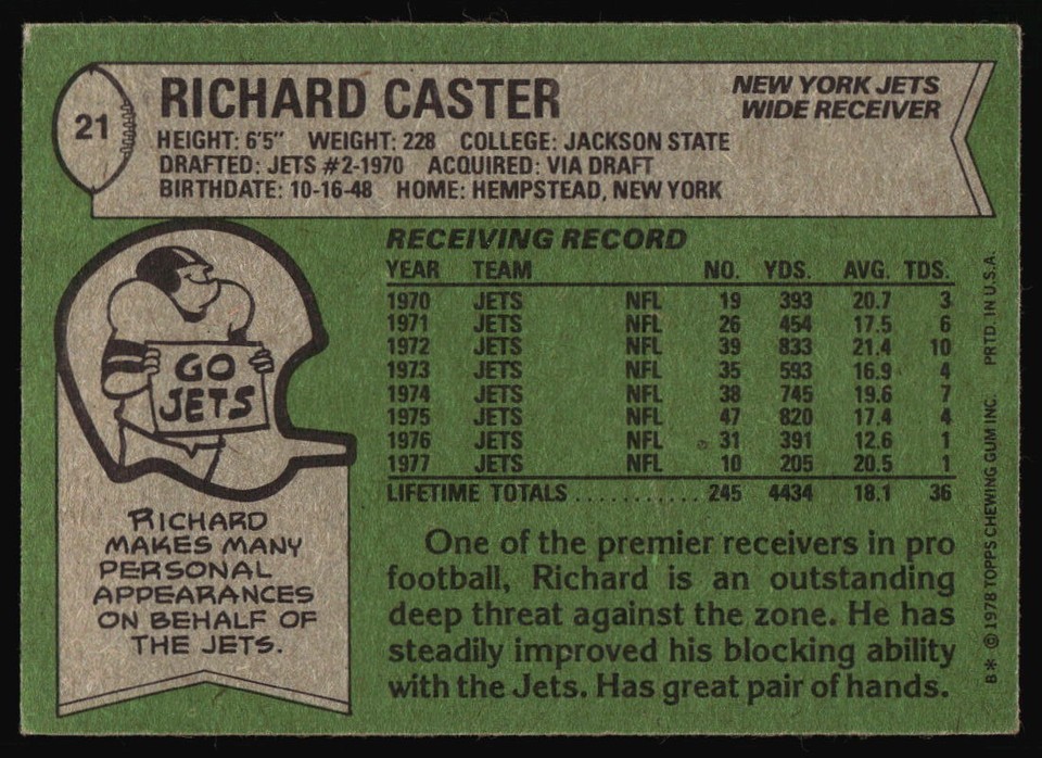 1978 Topps Richard Caster #21 New York Jets | eBay