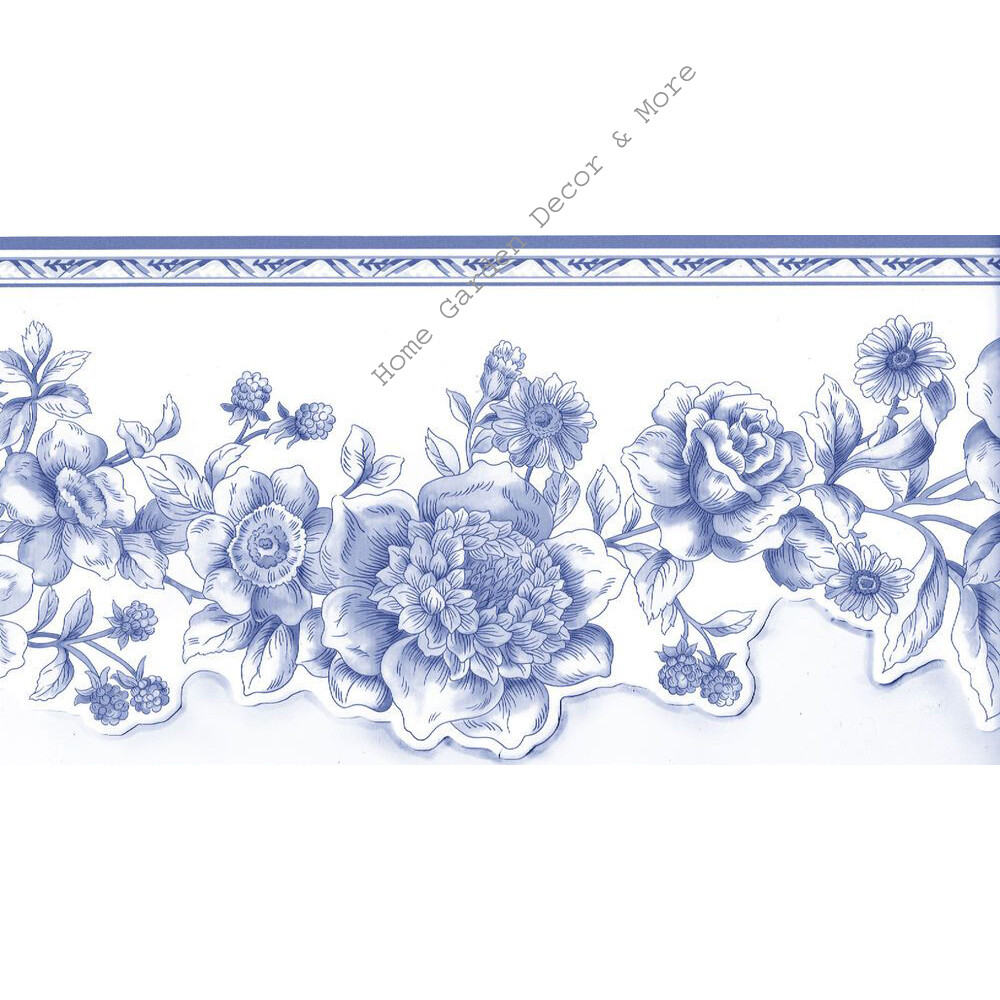 Blue White Rose Toile Flower Floral Sculptured Die Cut Wallpaper Border ...