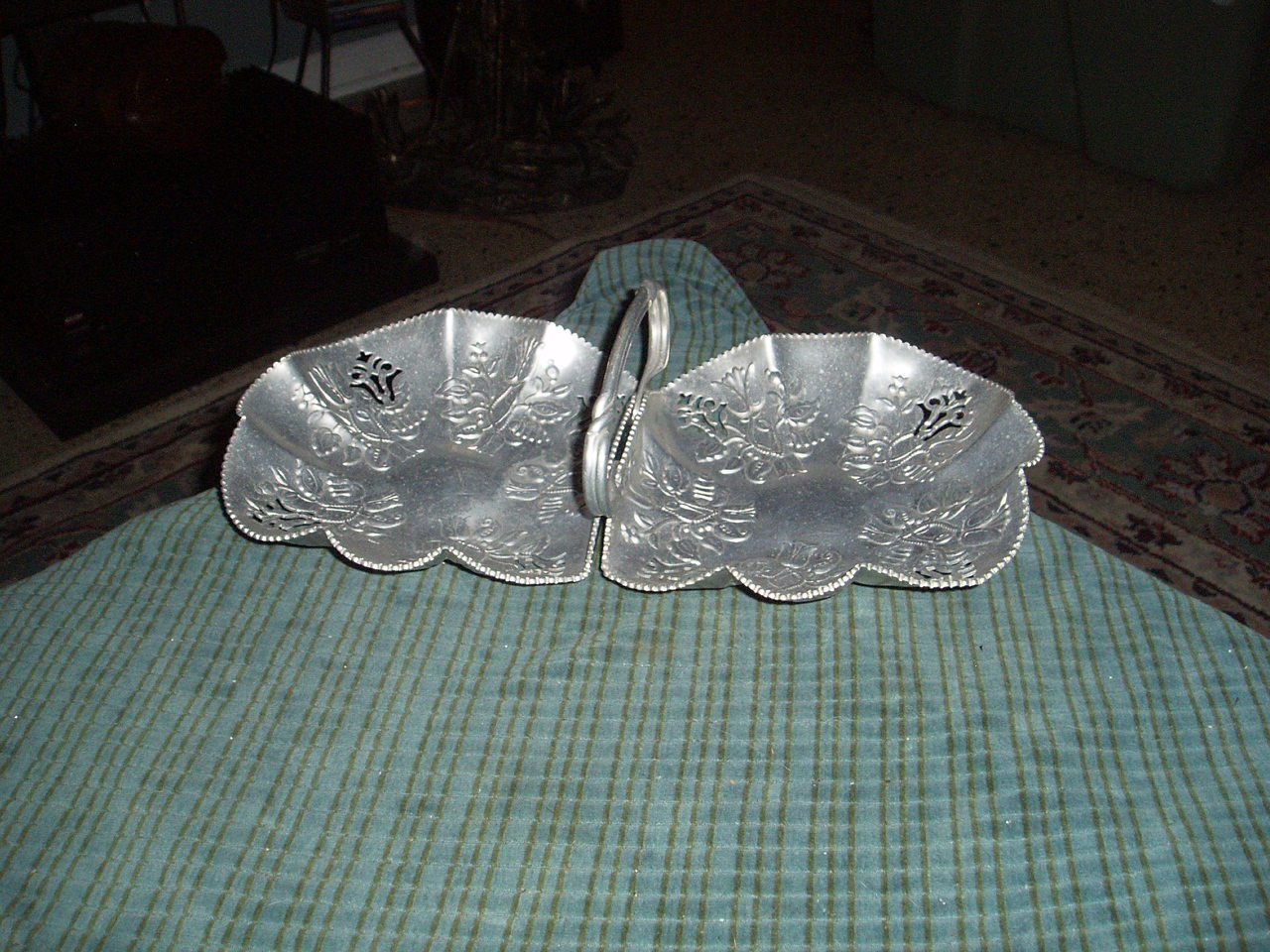 Vintage Hand Wrought Aluminum Flowered 2 Sided Candy Dish W/ Handle | eBay