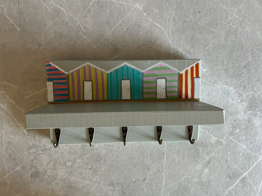 Beach hut themed small key rack with shelf, 10'' shelf, key hooks for ...
