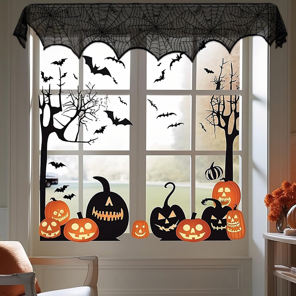 Halloween Decoration Black Lace Spiderweb Fireplace Mantle Scarf Cover ...