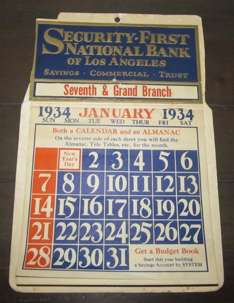 Vintage 1934 Calendar Los Angeles, CA Security-First National Bank ...