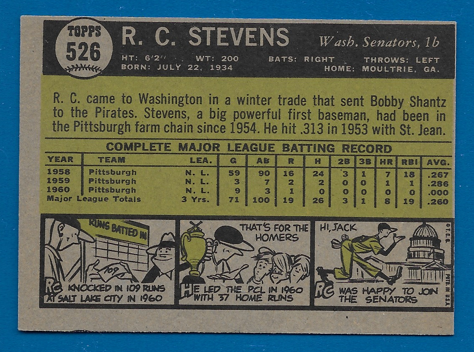 1961 Topps R.C. Stevens Card High #526 Washington Senators EX-MT | eBay