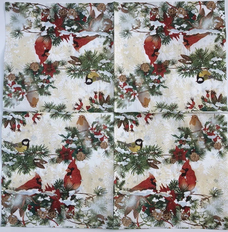 two Individual Christmas Luncheon decoupage Paper napkins Winter Bird ...