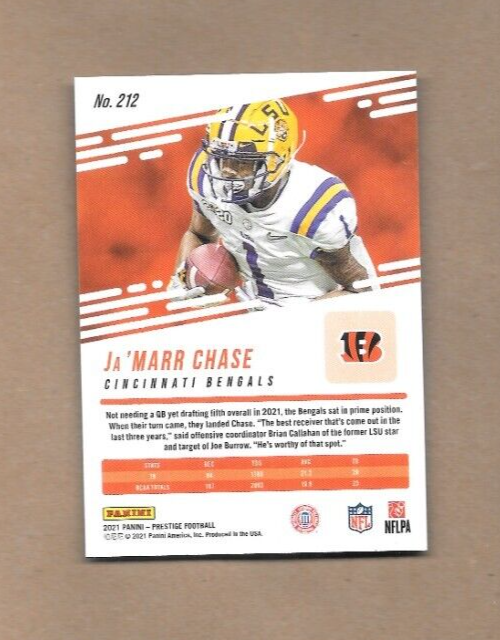 2021 Panini Prestige Ja'Marr Chase Rookie Card #212 Cincinnati Bengals ...