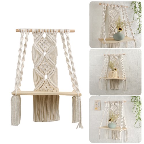 Wooden Floating Shelf Macrame Bohemian Wall Hanging Swing Shelf Display ...