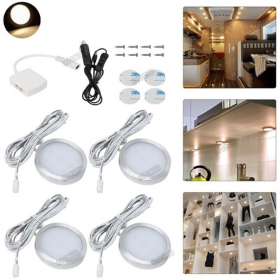 4x 12V Under Cabinet Lighting Kit LED Kitchen Shelf Counter Closet Puck ...