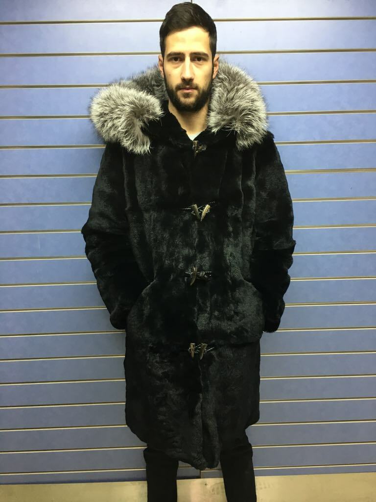 Luxury Full Skin Black Rex Fur Mens Coat Real Fur Skin To Skin Black ...