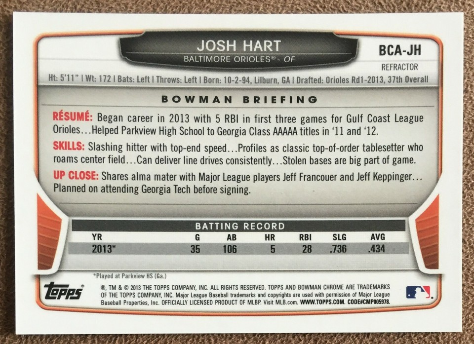 Josh Hart 2013 Bowman Chrome Prospects Autograph Refractor #BCA-JH ...