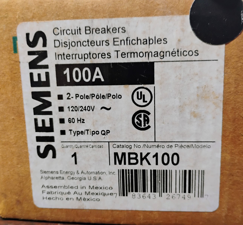 SIEMENS MBK100 MAIN CIRCUIT BREAKER 100 AMP 120/240 VOLT 2-POLE NEW IN ...