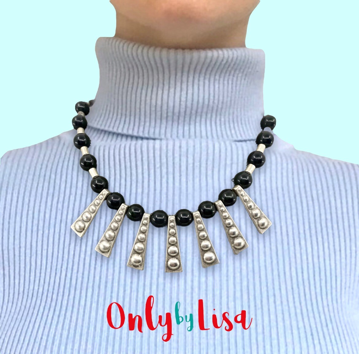 Art Deco Style Dark Blue Bakelite & Aluminum Bib Neck… - Gem