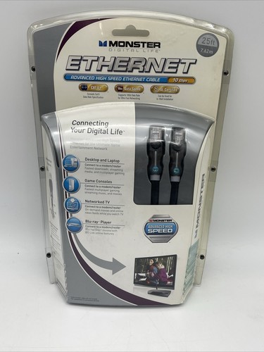 Monster 25 Foot Ethernet Cable LAN Network NOS DataSpeed 10 Gbps Cat 6 ...