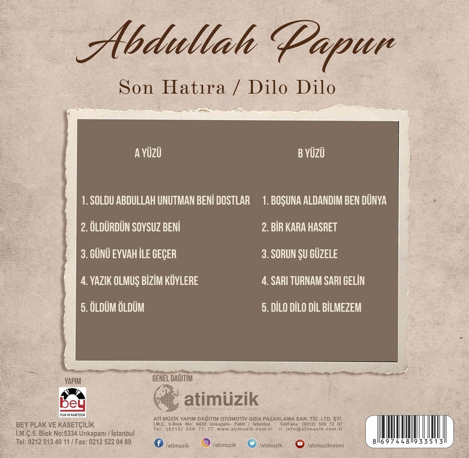 Abdullah Papur – Son Hatıra / Dilo Dilo (2019) LP (Vinyl Record) Turkish Music | eBay