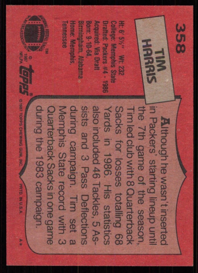 1987 Topps Tim Harris Rookie Green Bay Packers #358 | eBay