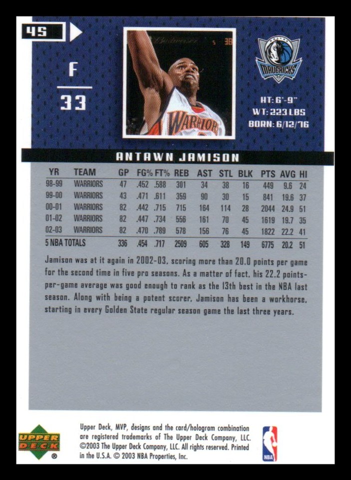 2003-04 Upper Deck MVP #45 Antawn Jamison NBA Basketball Dallas ...