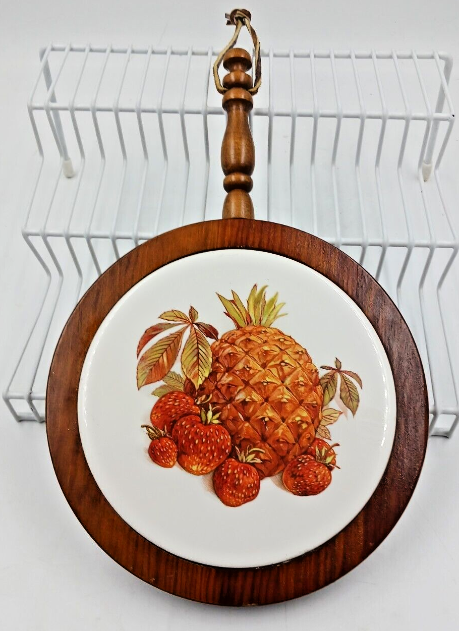 VTG Ceramic Round Tile Trivet Pineapple/Strawberries in Wood Hanger ...