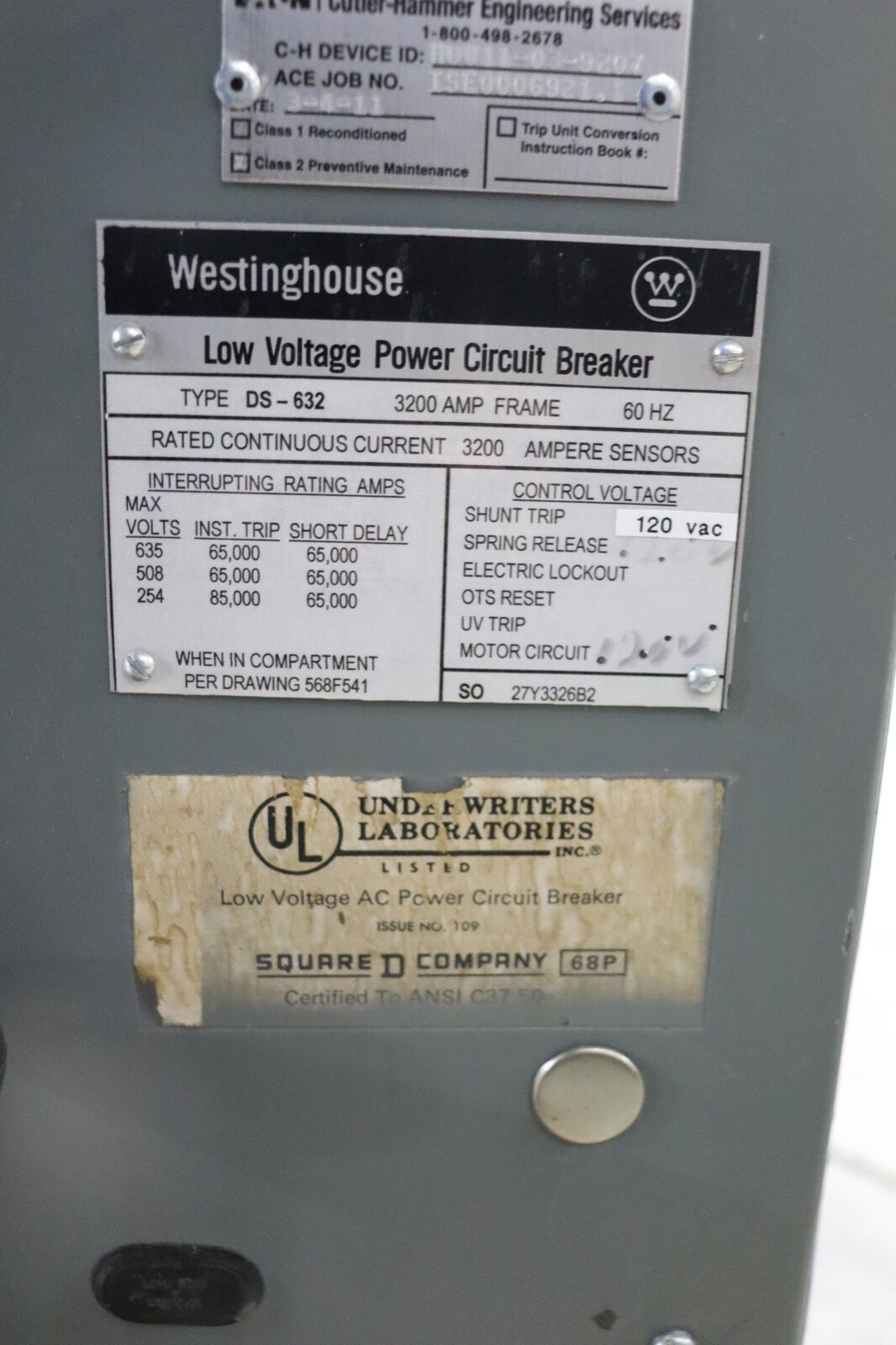 Westinghouse DS-632 Low-Voltage AC Power Circuit Breaker 3200 Amp Frame ...