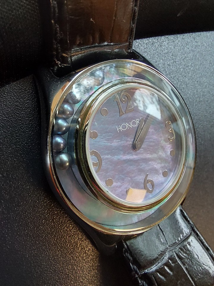 Honora Mother Of Pearl Floating Pearls Women's Watch Black Leather | eBay
