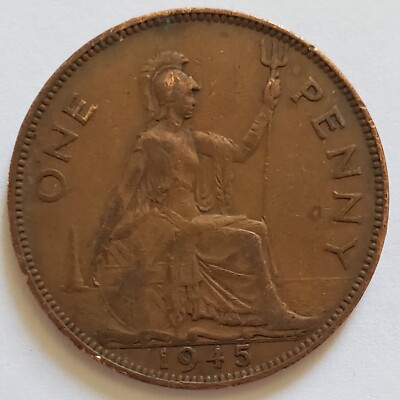 1945 Penny UK; Great Britain; King George V; Circulated; KM#845; WW2 ...